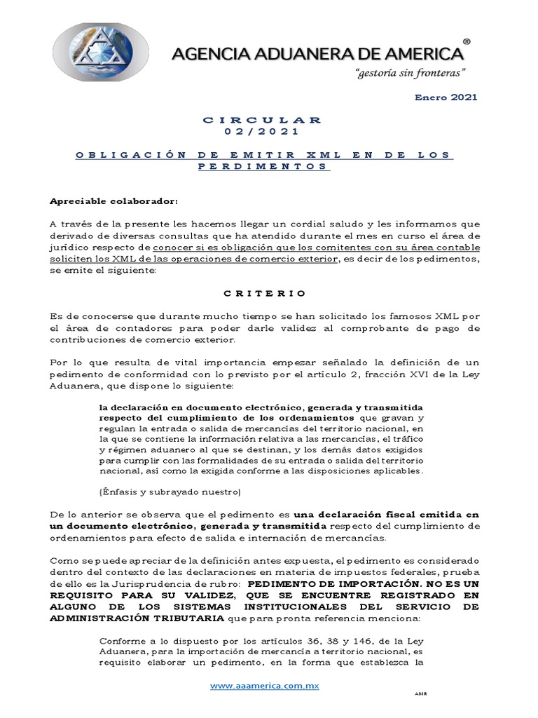 Circular 02.obligación XML Pedimentos | PDF | aduana