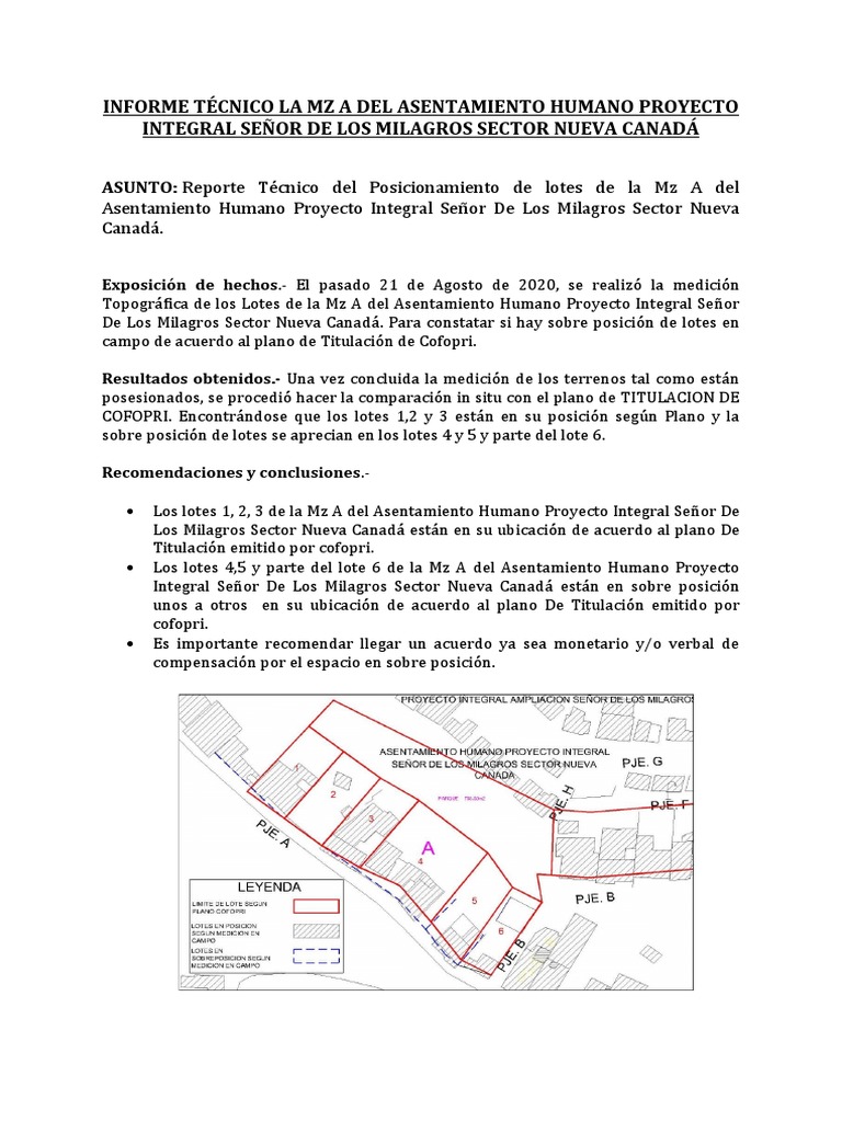 Informe Técnico La MZ A Del Asentamiento Humano Proyecto Integral Señor ...