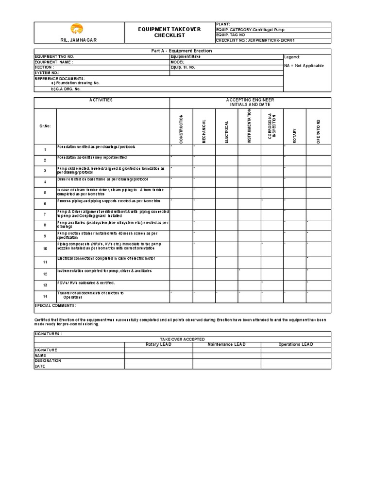 Pump Checklist Erection | Download Free PDF | Pump | Gas Technologies