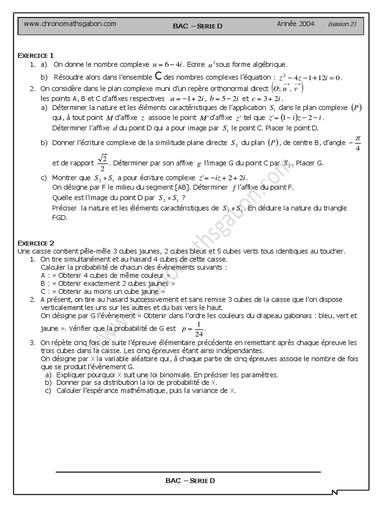 BAC D 2004 (Session 2) | PDF | Nombre complexe | Fonction (Mathématiques)