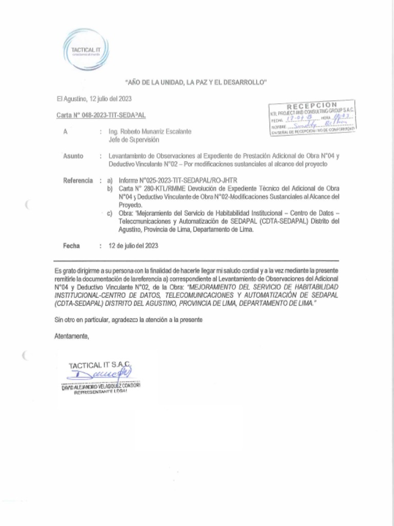 Carta N°048 Levantamiento de Obs. Adicional N°04 Deductivo N°02 | PDF