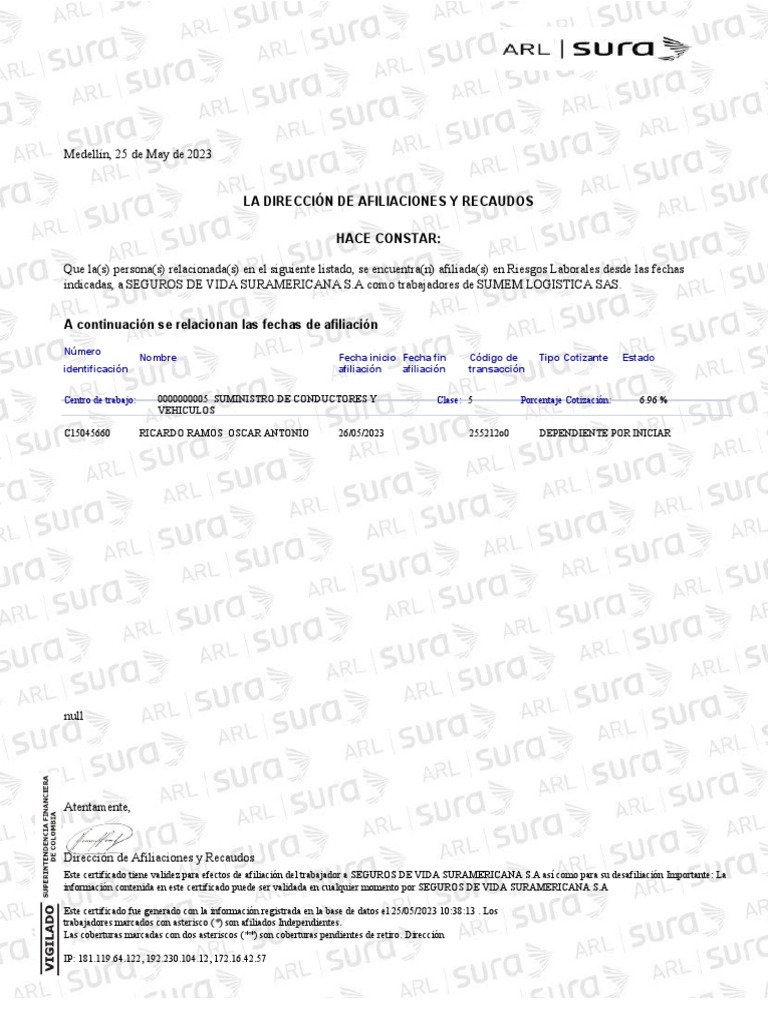 Certificado Arl Riesgo 5 | PDF