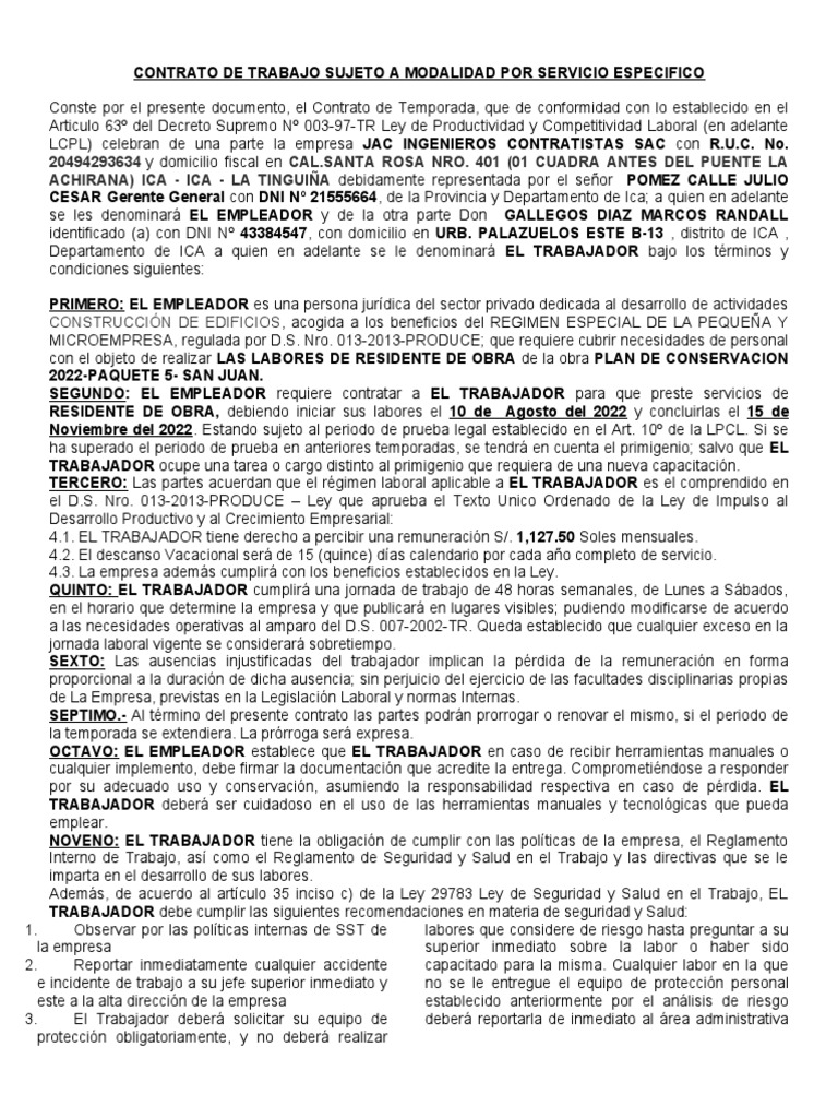 CONTRATO DE TRABAJO SUJETO A MODALIDAD Por Obra o Servicio Especifico | PDF | Salario | Tiempo ...