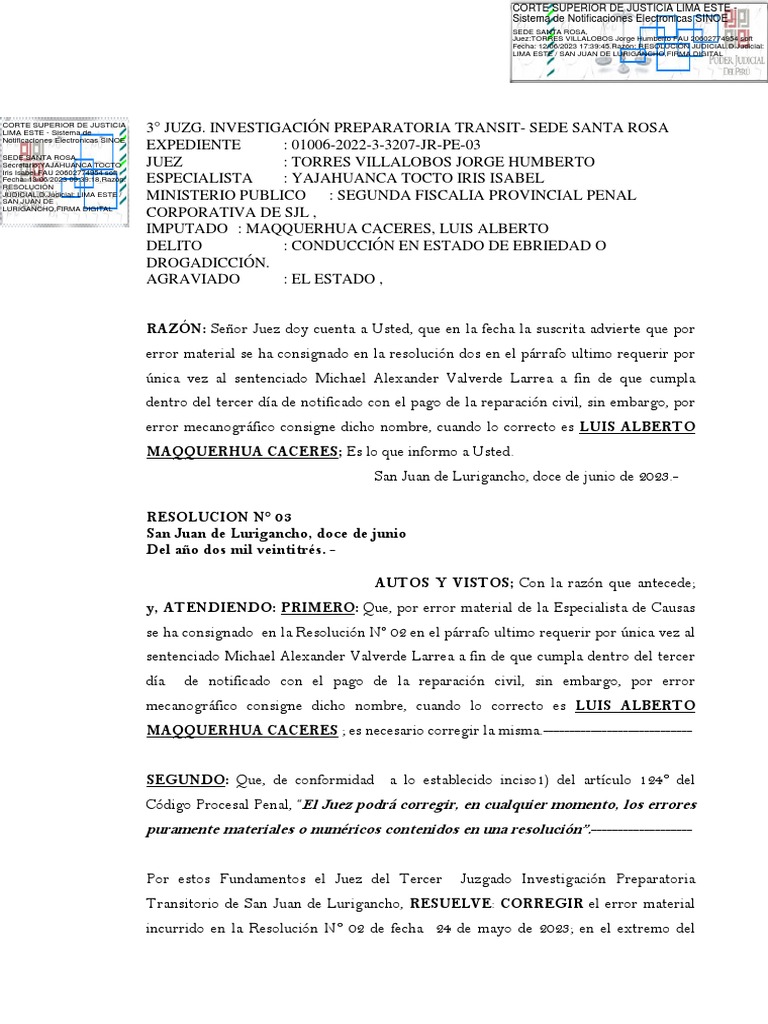 Exp. 01006-2022-3-3207-JR-PE-03 - Resolución - 189389-2023 | PDF | Derecho penal | Separación de ...
