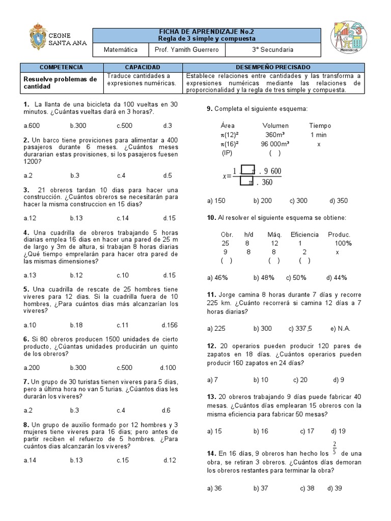 Ficha de Aprendizaje No.2 Regla de Tres Simple y Compuesta 3A | PDF