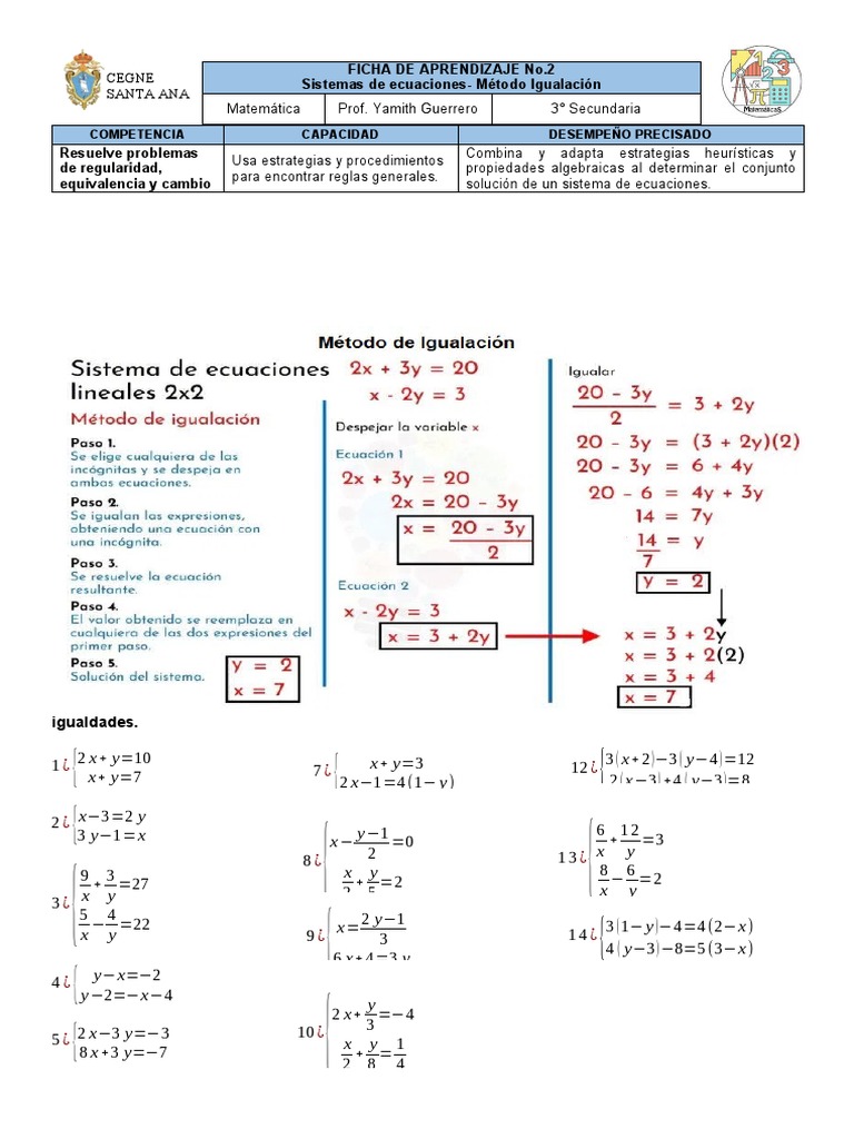 Ficha de Aprendizaje No.2 Sistemas de Ecuaciones Met. Igualación 3B | PDF | Ecuaciones | Matemáticas