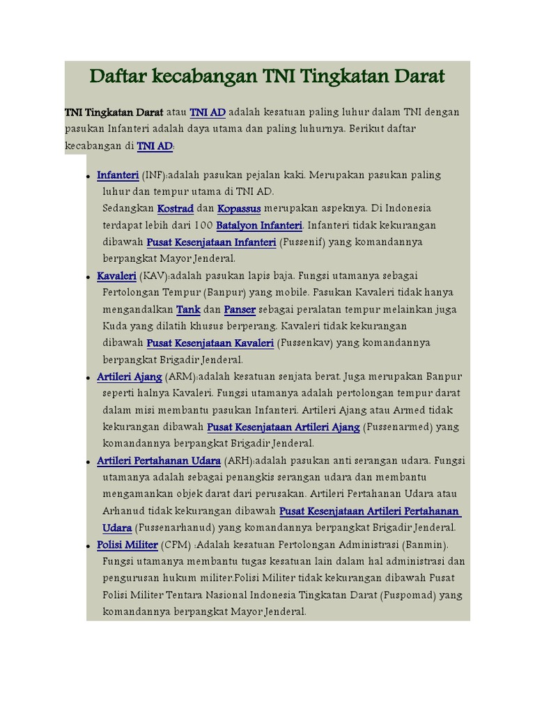 Daftar Kecabangan TNI Tingkatan Darat | PDF