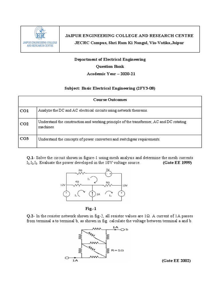 QUESTION BANK Basic Electrical Engineering | PDF | Transformer | Electric Motor