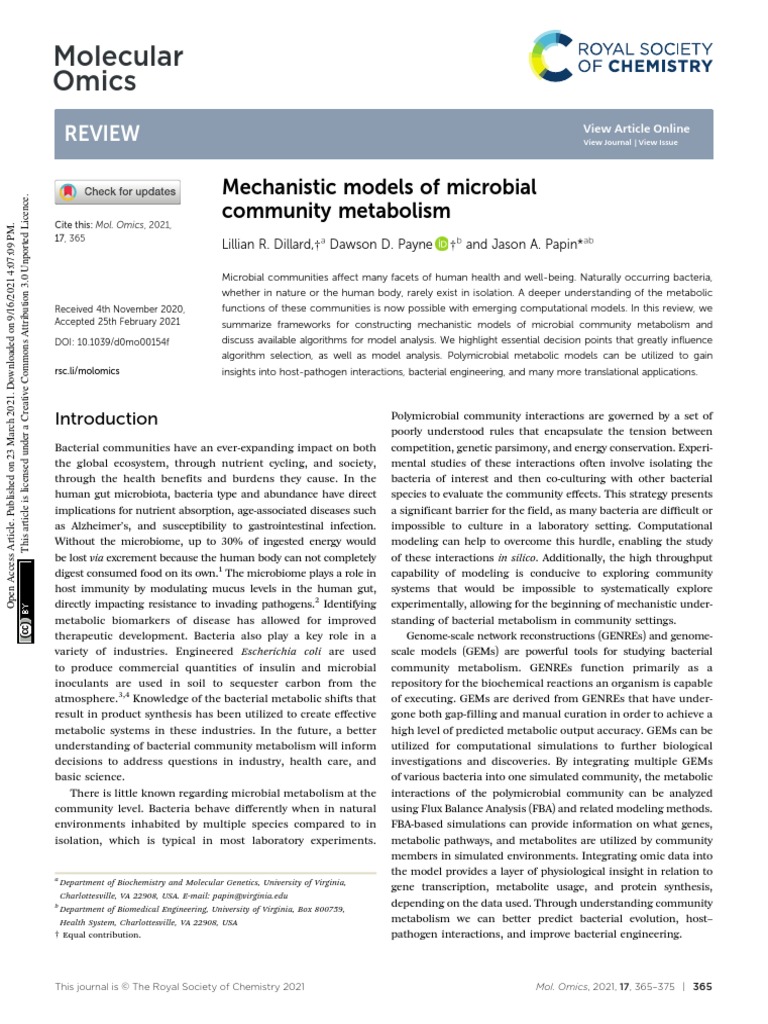 Dillard - 2021 - Mechanistic Models of Microbial Community Metabolism | PDF | Metabolism | Bacteria