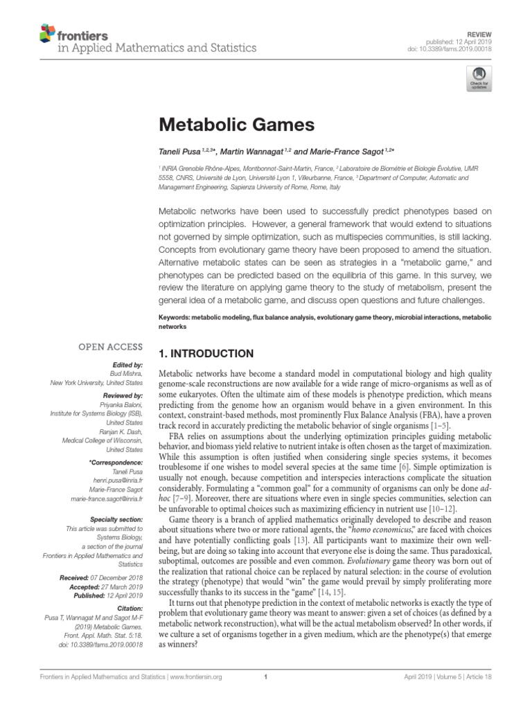 Pusa - 2019 - Metabolic Games | Download Free PDF | Game Theory