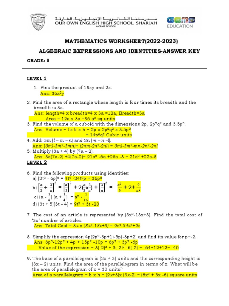 Class 8 Algebraic Expressions Worksheet | PDF | Area | Mathematical ...