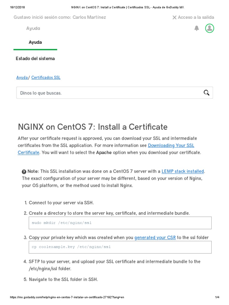 NGINX On CentOS 7 - Install A Certificate - Certificados SSL - Ayuda de GoDaddy MX | PDF ...