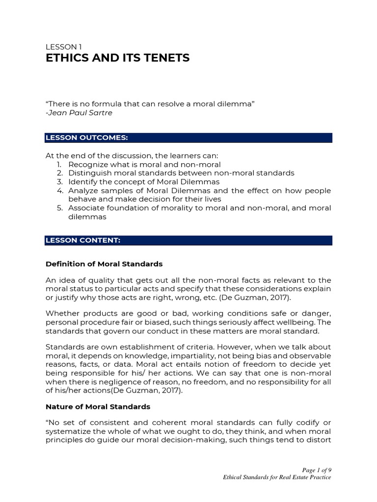 Lesson 1 - Ethics and Its Tenets | PDF | Morality | Applied Ethics