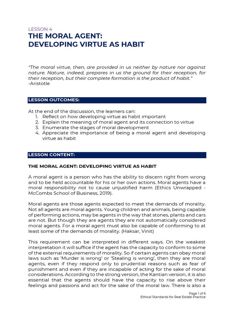 Lesson 4 - The Moral Agent - Developing Virtue As A Habit | PDF ...