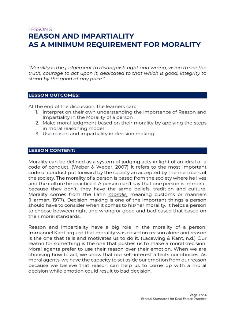 Lesson 6 - Reason and Impartiality As A Minimum Requirement For Morality | PDF | Reason | Morality