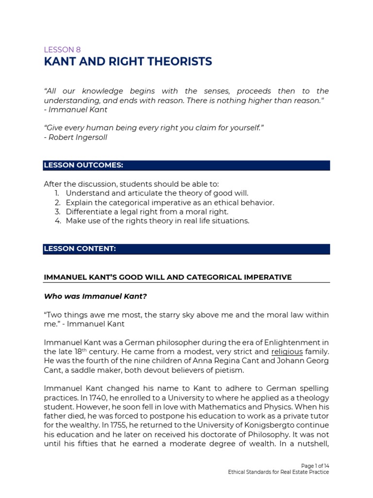 Lesson 9 - Kant and Right Theorists | PDF | Rights | Immanuel Kant