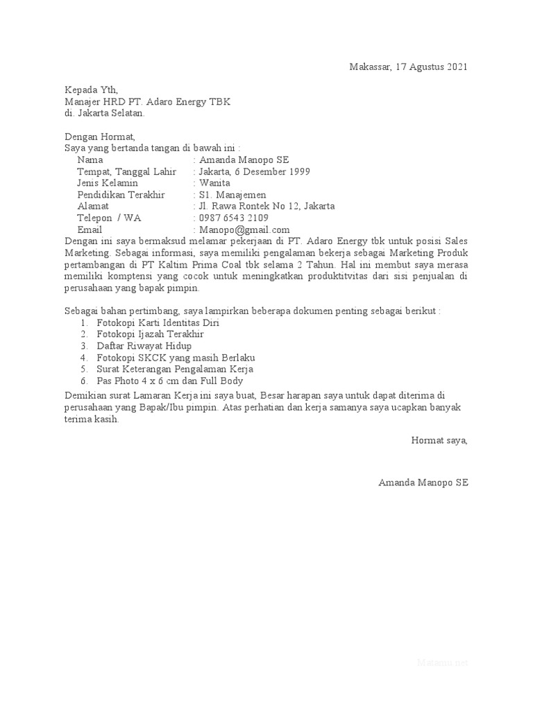 Contoh Surat Lamaran Kerja Divisi Marketing Bidang Pertambangan | PDF