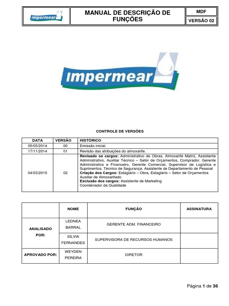 MDF - Manual de Descrição de Funções R2 | PDF | Contabilidade | Gestão ...