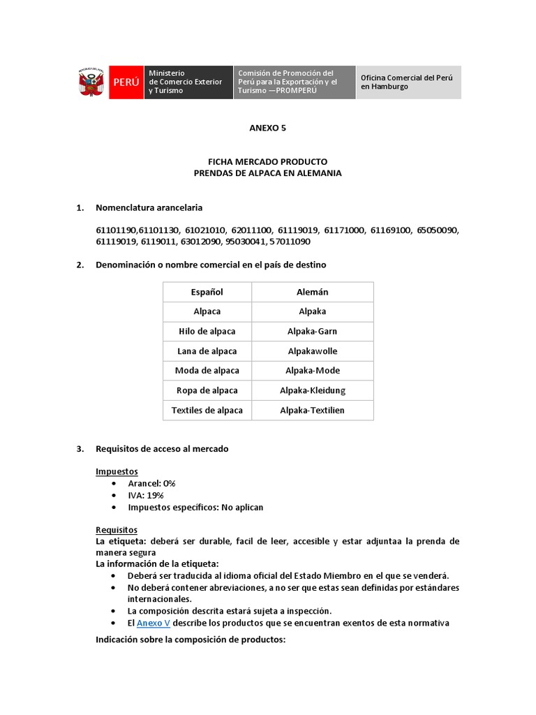 Oham Ficha Mercado Alemania Producto Alpaca 2020 | PDF | Industria ...