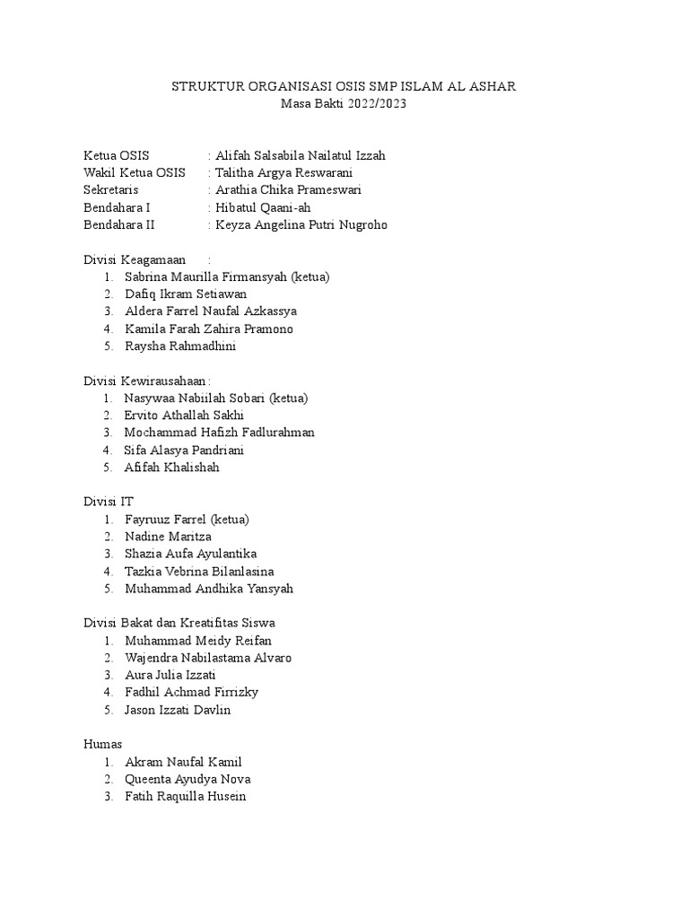 Struktur Organisasi Osis SMP Islam Al Ashar | PDF | Agama & Spiritualitas