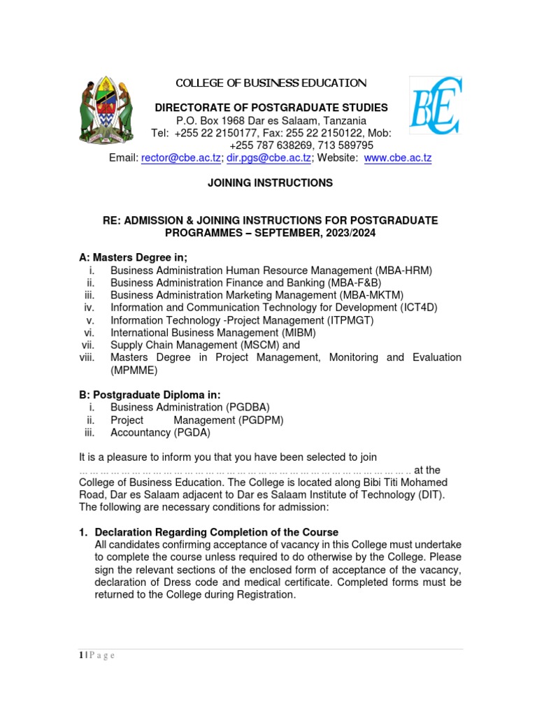 Cbe Joining Instructions for Post Graduate Programmes September 2023 ...