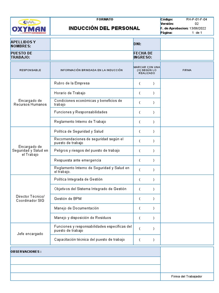 RH P 01 F 04 Induccion de Personal v.03 | PDF | Gestión de recursos ...