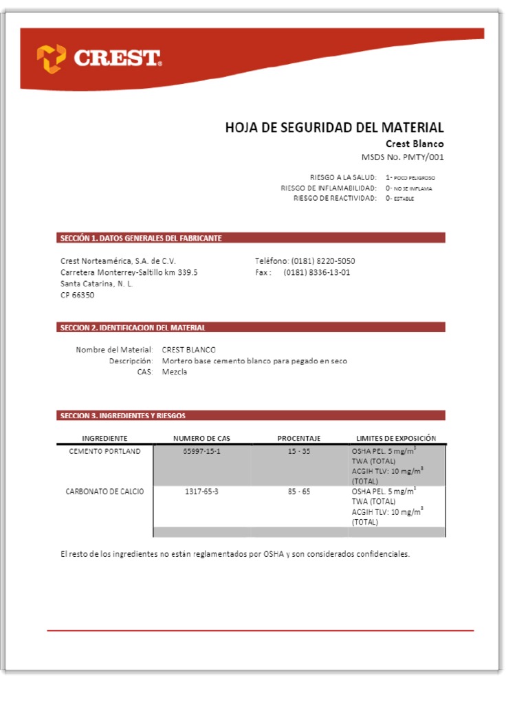 Hoja de Seguridad Del Material Crest Blanco Msds No. Pmty - 001 - PDF | PDF