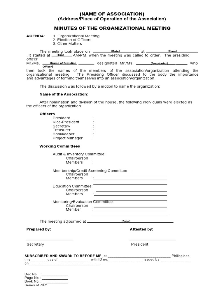 Minutes of The Organizational Meeting Sample | PDF