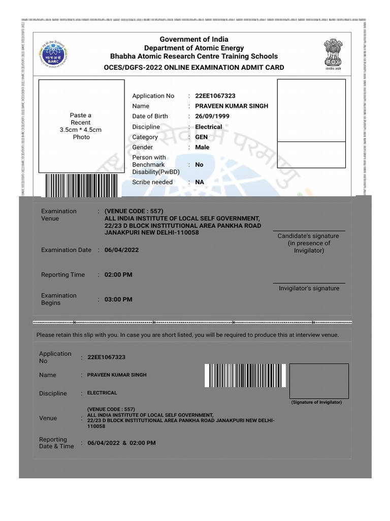 BARC Admit Card | PDF | Identity Document