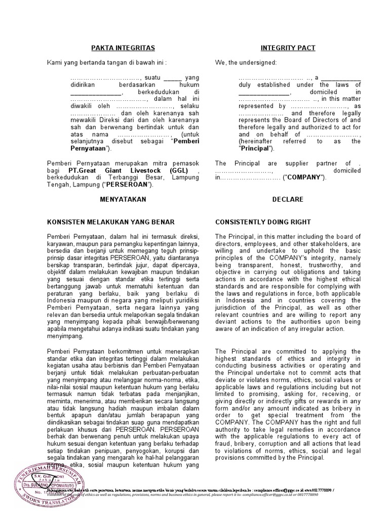 Form 02 - Pakta Integritas 2020 (Bilingual) | PDF