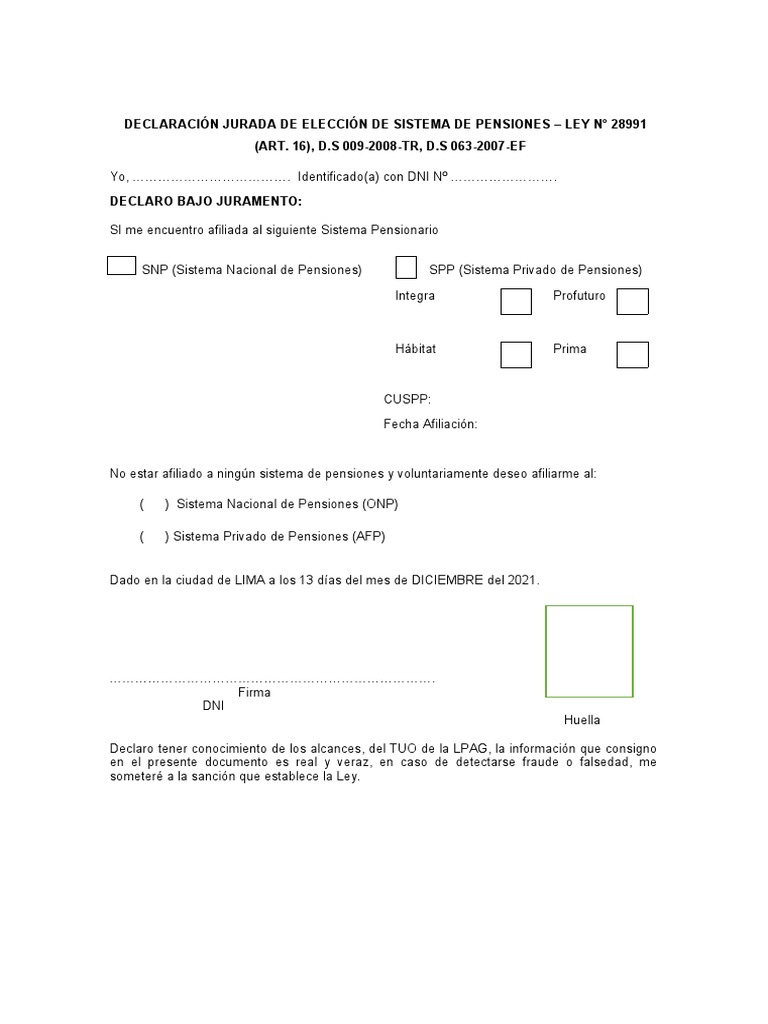 Anexo 9 Declaracion Jurada de Eleccion Del Sistema de Pensiones Ley N 28991 | PDF