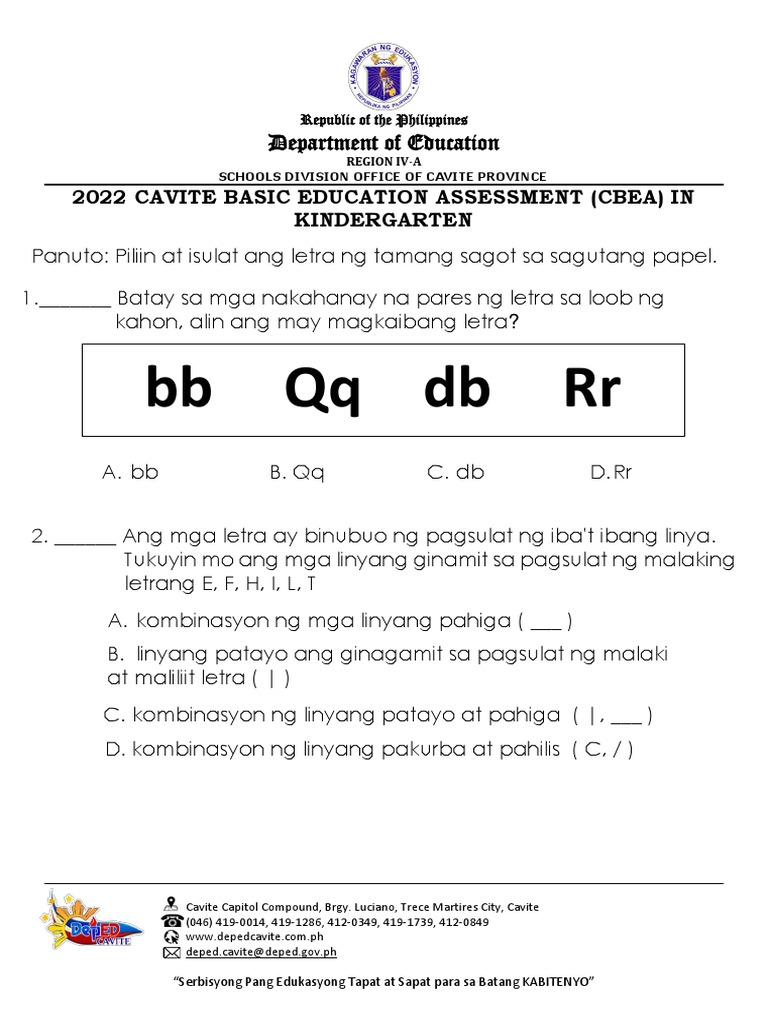CAVITE BASIC EDUCATION ASSESSMENT. - Kindergartenrevised - June 12 | PDF