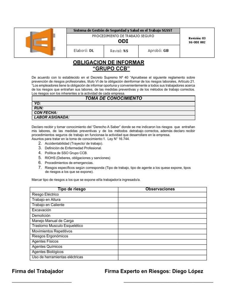 Formato ODI para Seguridad Laboral | PDF