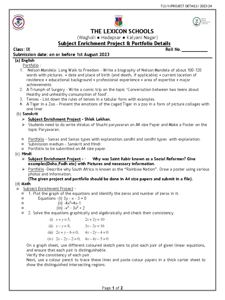 Tlsiw - Class X - Project Details - 2023-24 | PDF | Equations ...