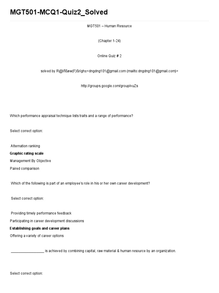 MGT501 MCQ1 Quiz2 Solved | PDF | Performance Appraisal | Organizational Behavior