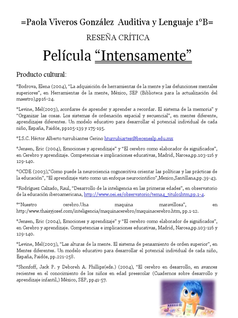 Reseña Critica INTENSAMENTE | PDF | Las emociones | Memoria