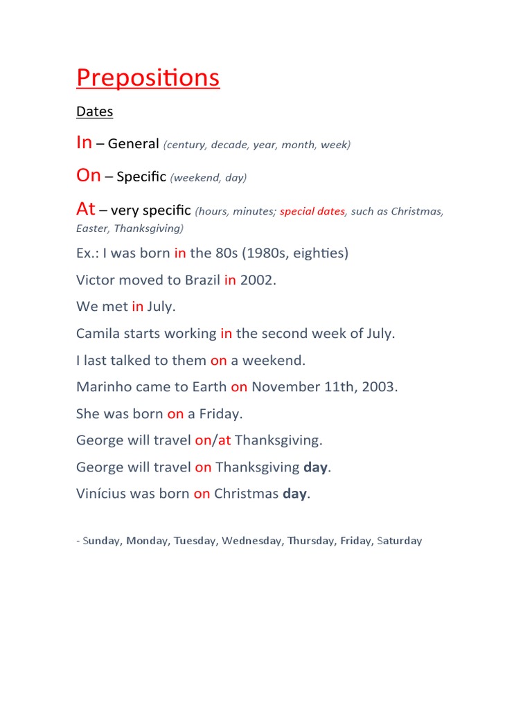 In, On and at Prepositions | PDF