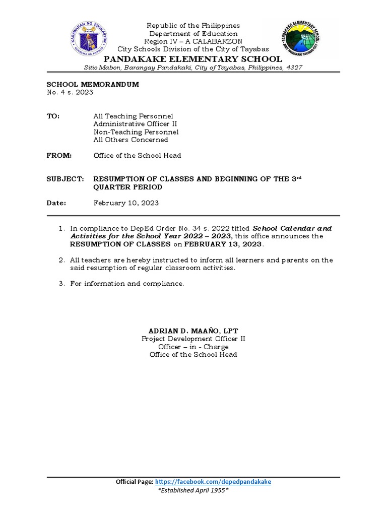 School Memorandum No 4 S 2023 - Resumption of Classes | PDF