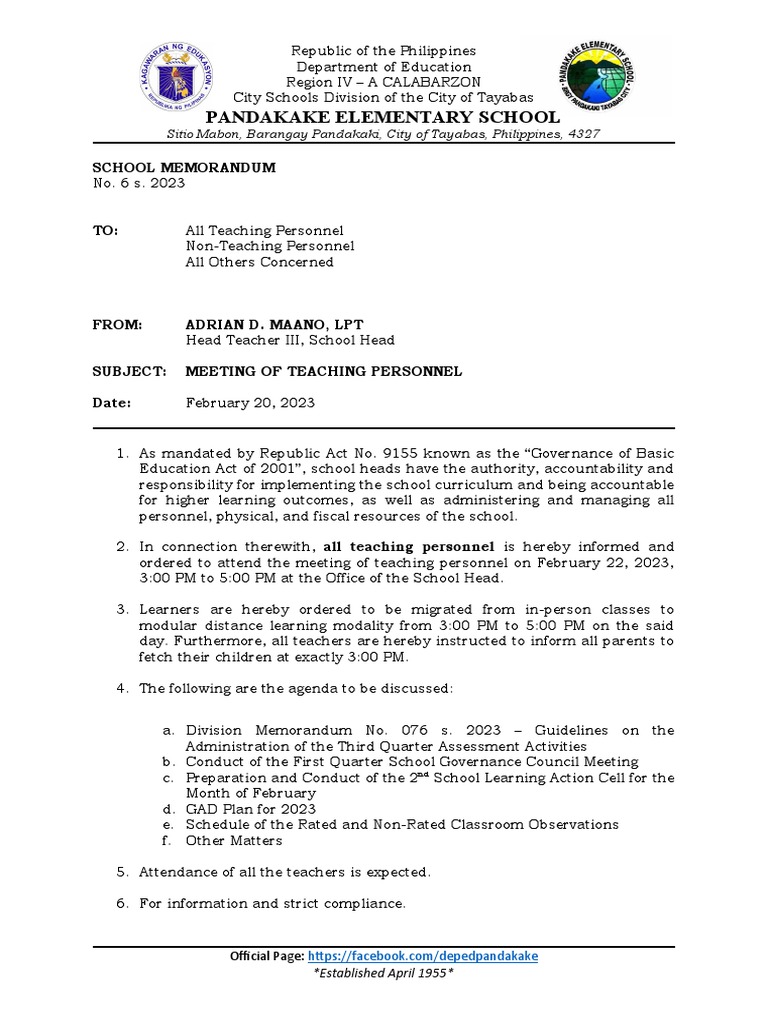 School Memorandum No 6 S 2023 - Faculty Meeting | PDF