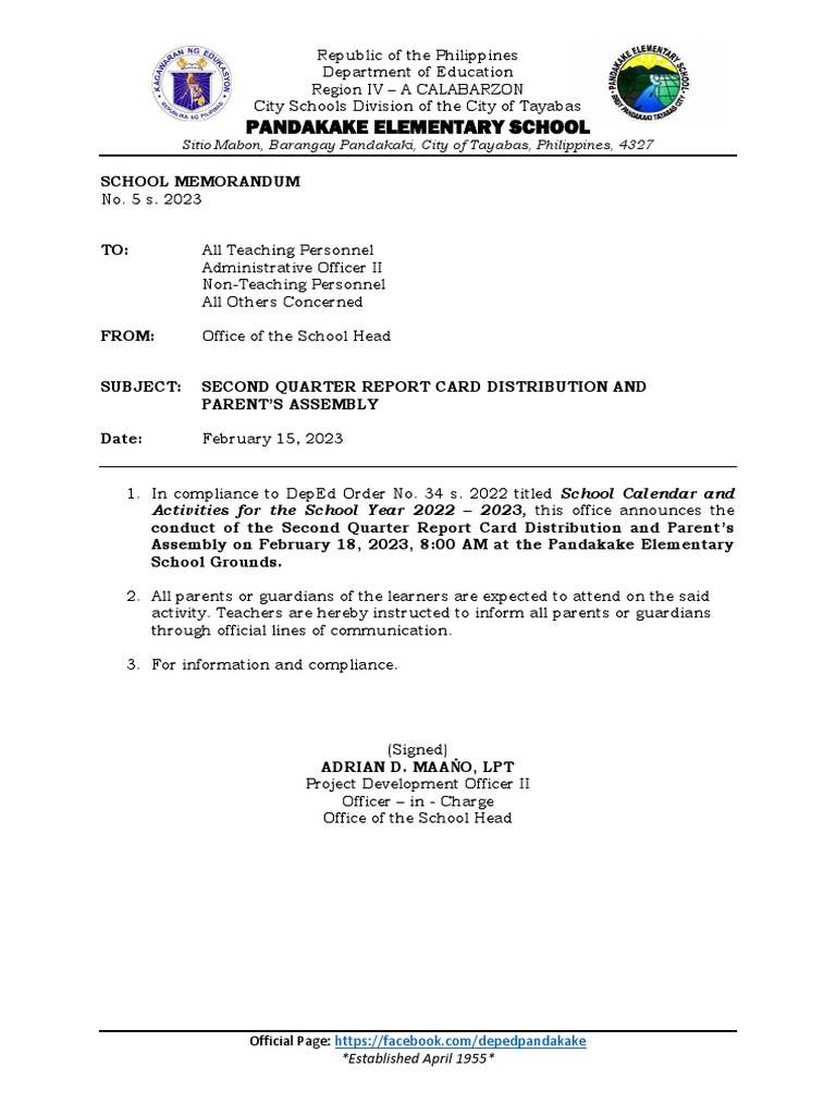School Memorandum No 5 S 2023 - Card Distribution and Parent's Assembly | PDF