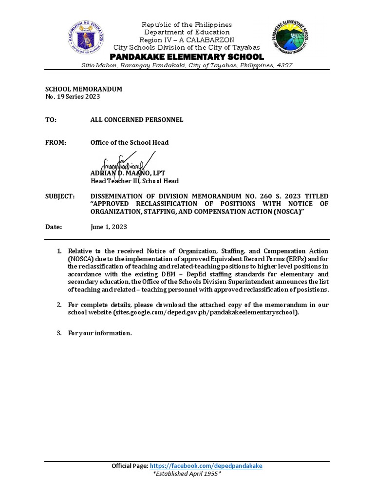 SM 019 - 2023 - Approved Reclassification of Positions With Notice of Organization, Staffing ...