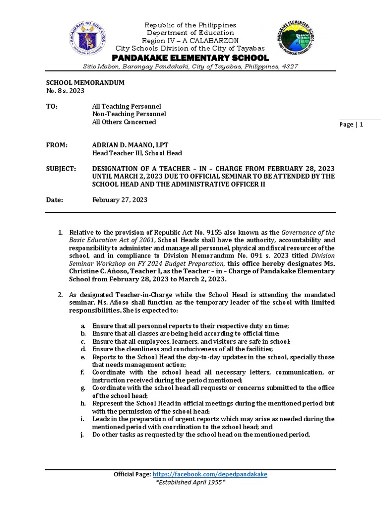 School Memorandum No 8 S 2023 - Designation of Ms. Christine C. Anoso ...