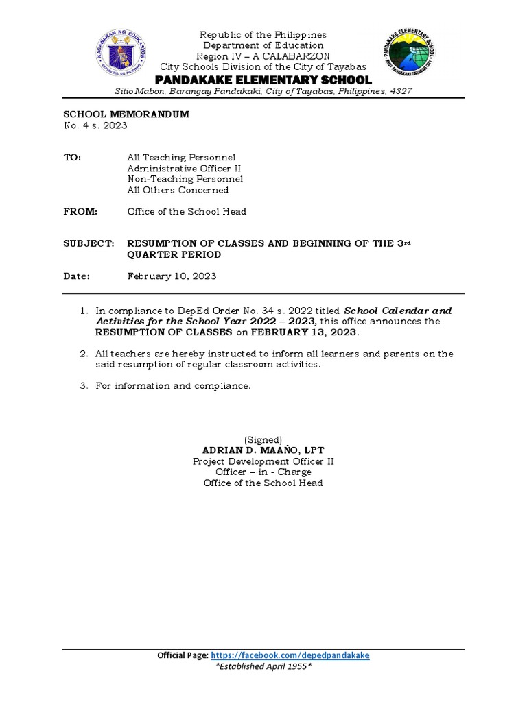 School Memorandum No 4 S 2023 - Resumption of Classes | PDF