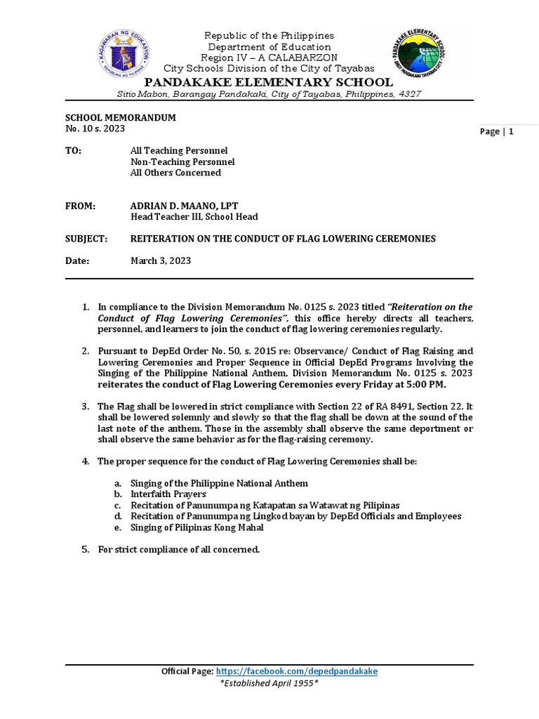 School Memorandum No 10 S 2023 - Reiteration On The Conduct of Flag Lowering Ceremony | PDF