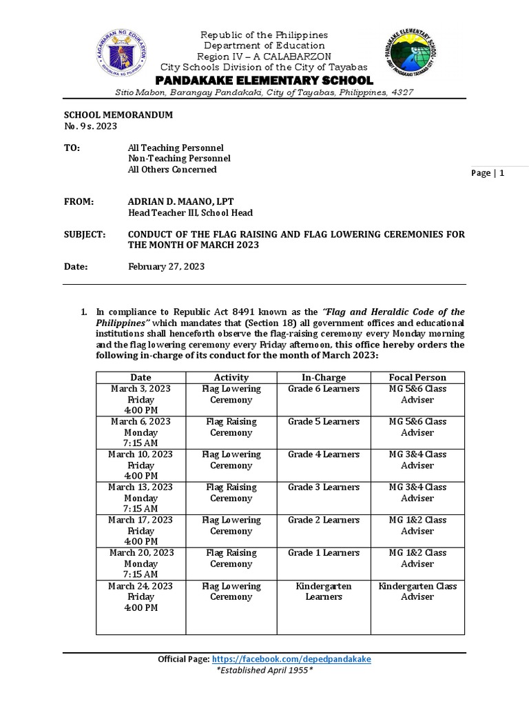 School Memorandum No 9 S 2023 - Conduct of The Regular Flag Raising and ... School Memorandum No 9 S 2023 - Conduct of The Regular Flag Raising and ...