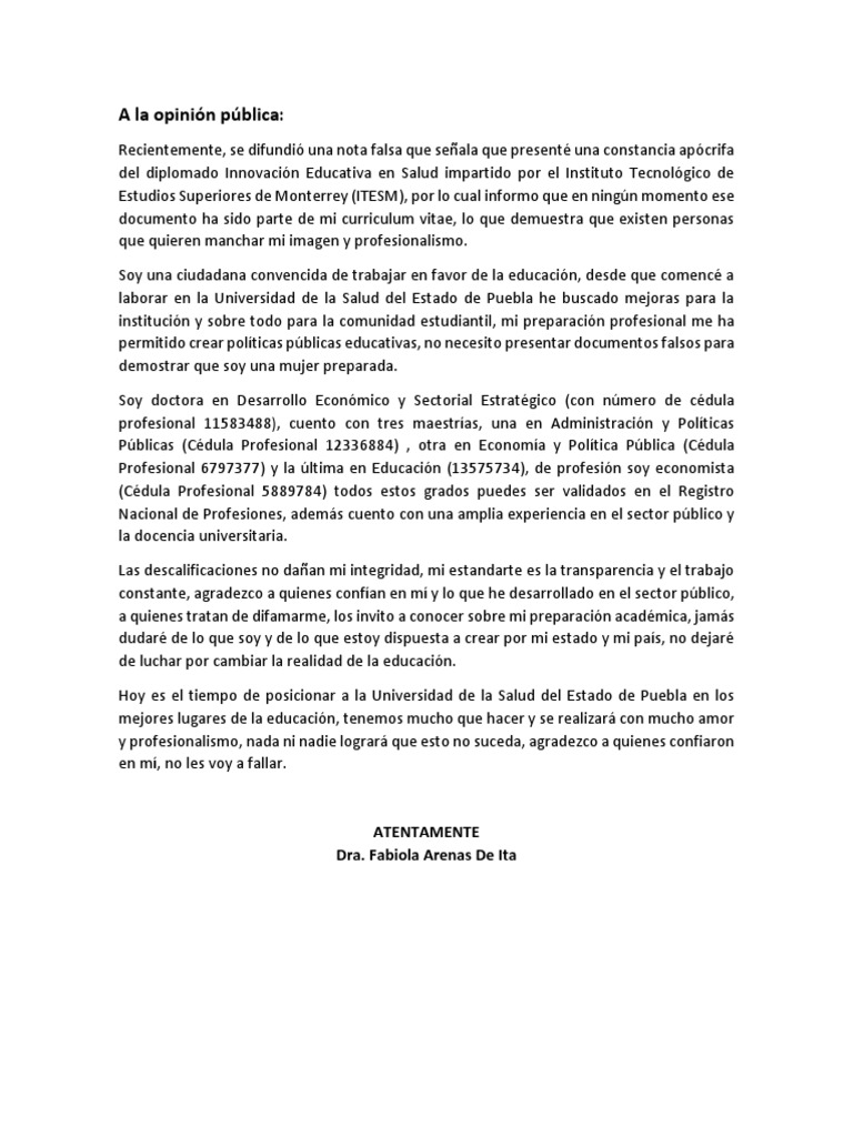 Carta Aclaratoria Fabiola Arenas | PDF