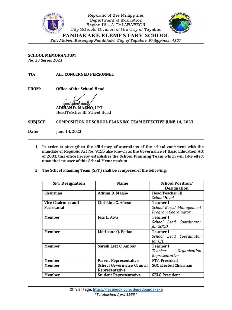 SM 023 - 2023 - Composition of School Planning Team Effective June 14 ...