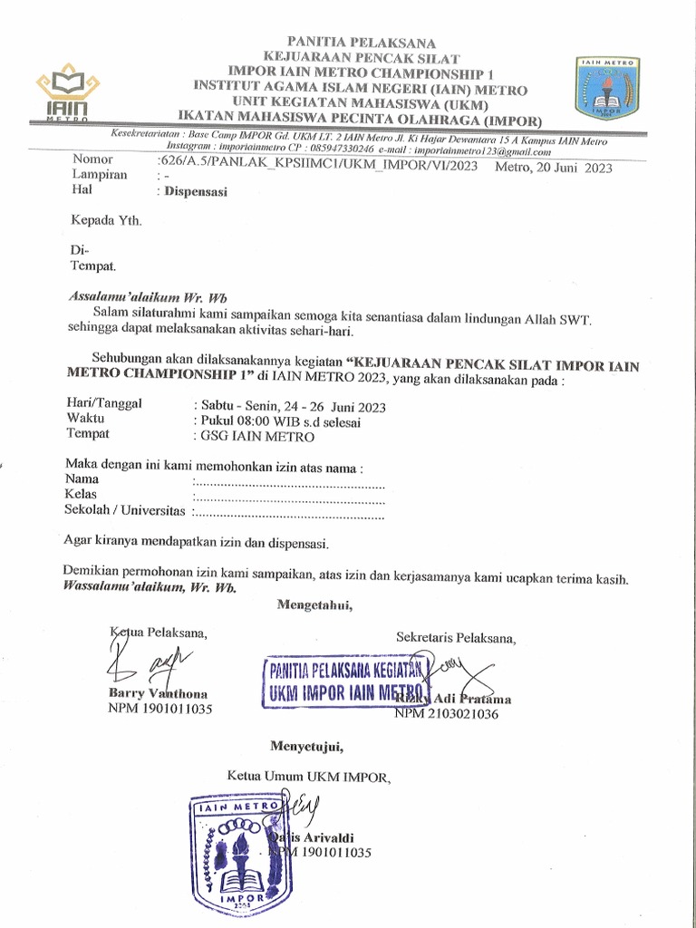 Surat Dispensasi Kejuaraan Pencak Silat Impor Iain Metro Championship 1 | PDF