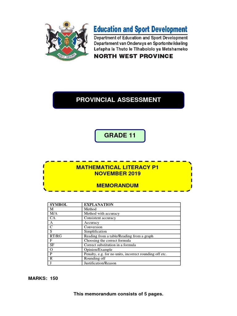 NW NSC GR 11 Maths Lit P1 Eng Memo Nov 2019 | PDF | Metrology | Mathematics NW NSC GR 11 Maths Lit P1 Eng Memo Nov 2019 | PDF | Metrology | Mathematics