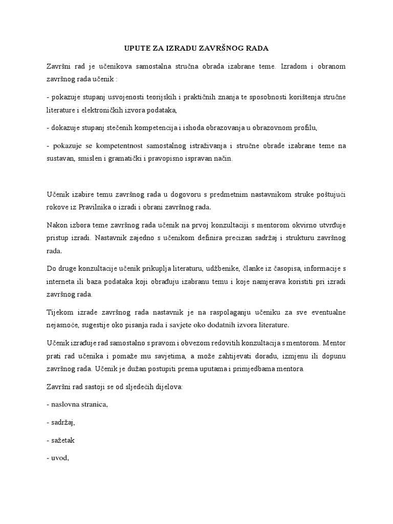 Upute Za Izradu Zavrsnog Rada | PDF
